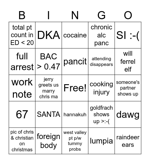 armc ED christmas bingo Card