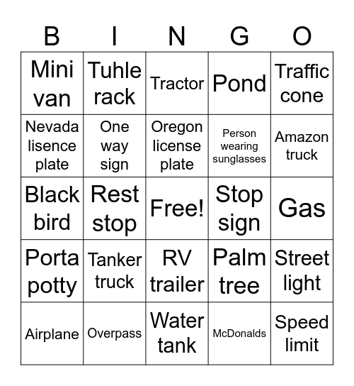 Road Trip Bingo Card