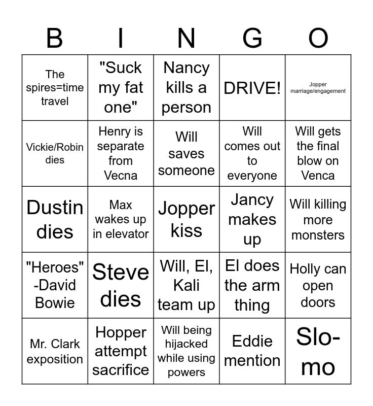 Stranger Things Vol. 2 Bingo Card