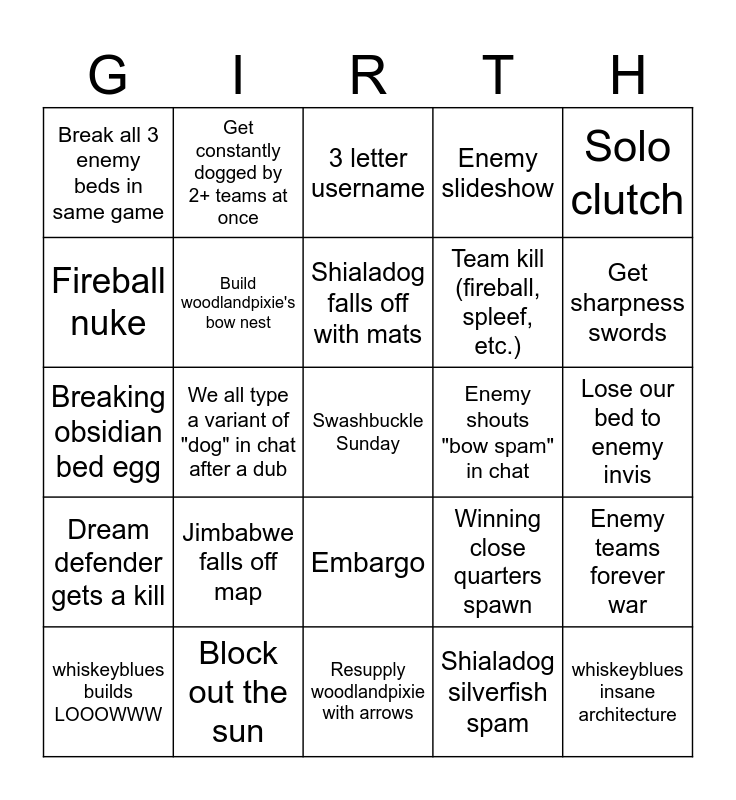 Girthquake Bingo Card
