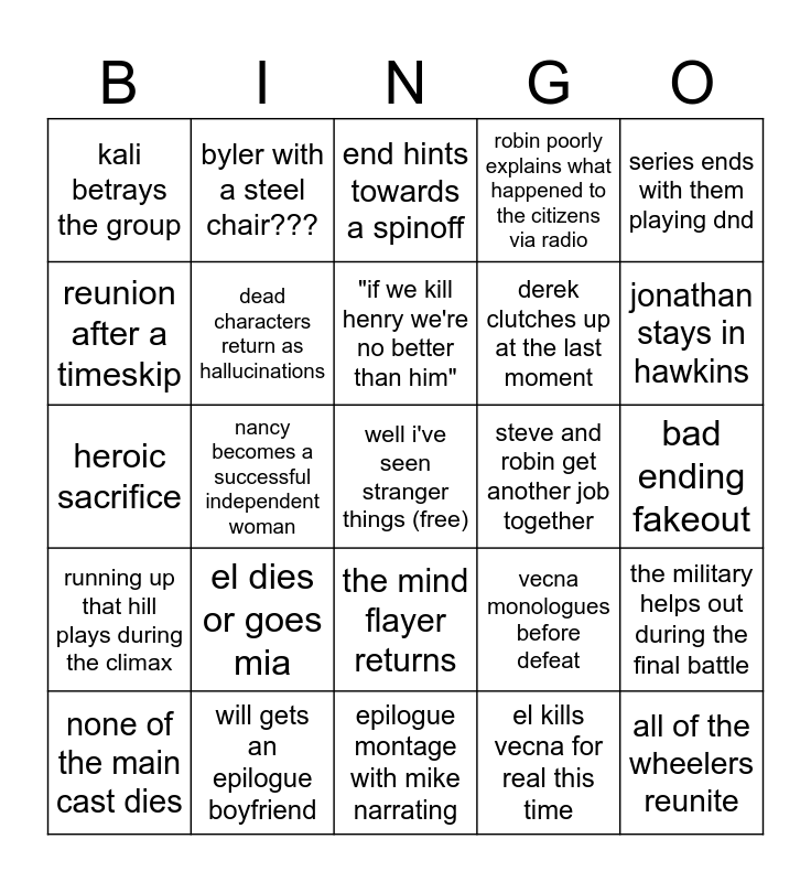 stranger things finale Bingo Card