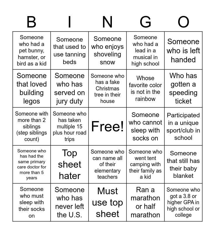 Get to Know You Bingo Card
