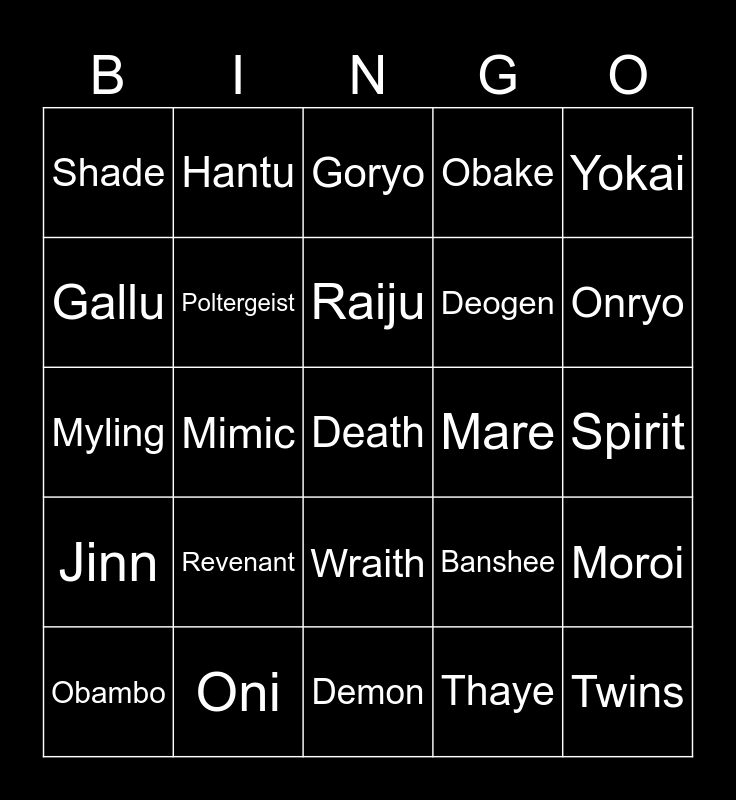 Phasmo Ghost Bingo Card