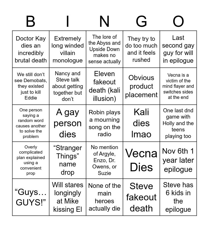 Stranger Things Finale Bingo Card