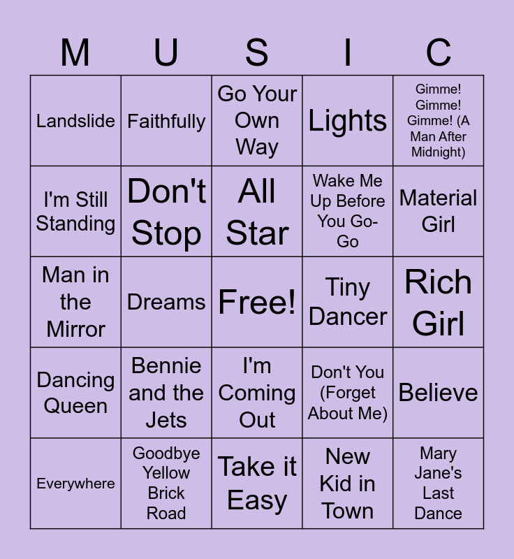 V's Music Bingo Card