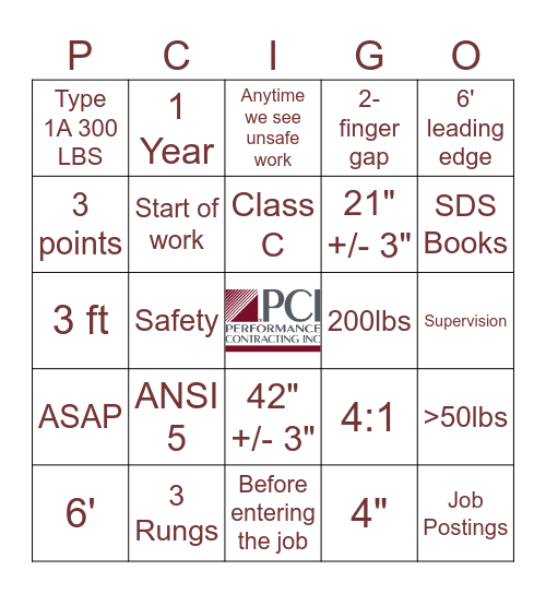 PCI-bingGO Card 1 Bingo Card