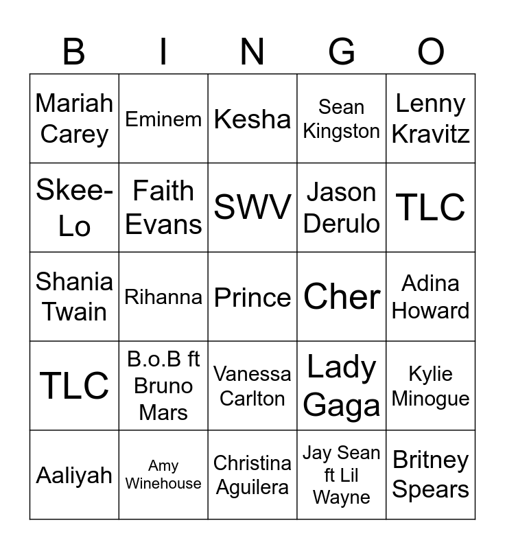Game #1 - 90s/2000s Hits Bingo Card