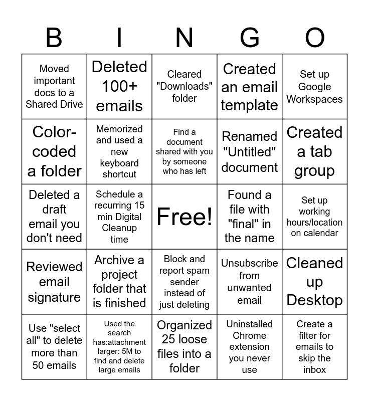 Digital Clean Up Bingo Card