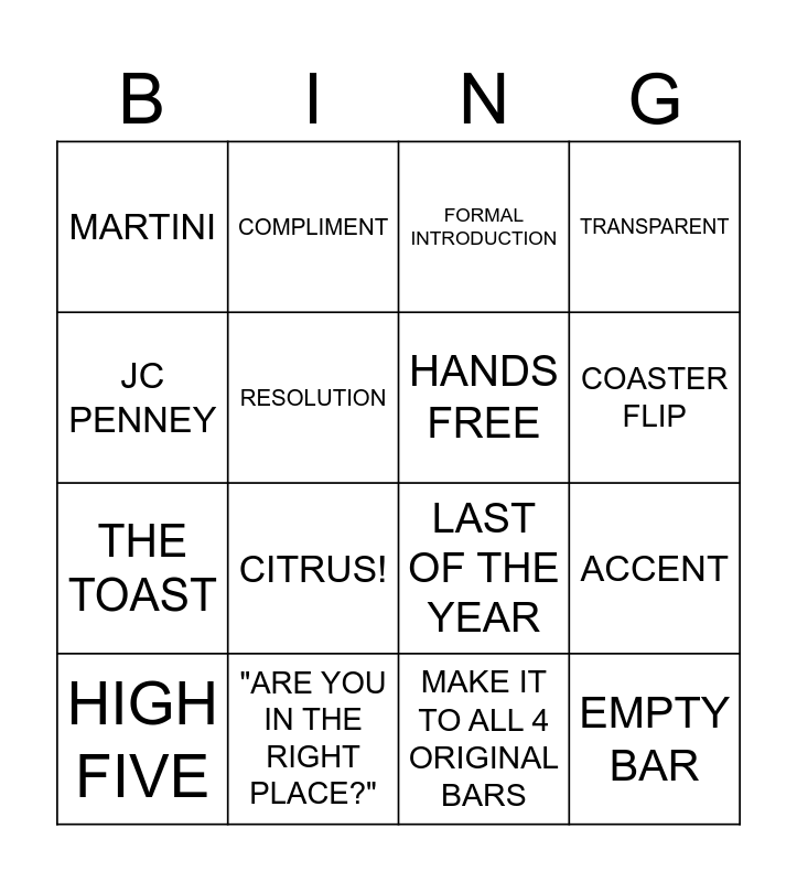 NYE BAR CRAWL BINGO Card