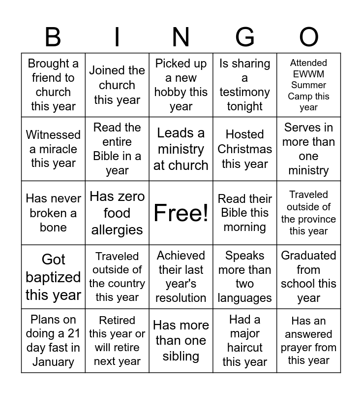 NYE Human Bingo Card