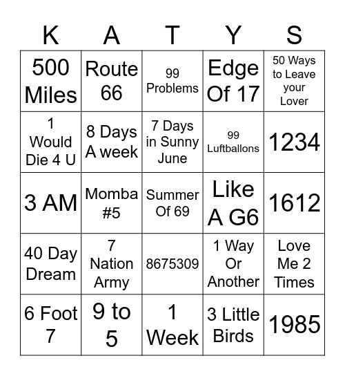 2025 Countdown Bingo Card