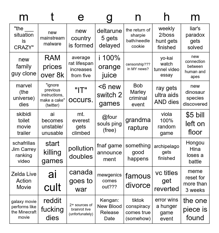 error's 2026 bingo card!!! Bingo Card
