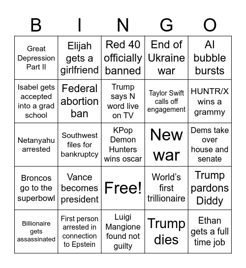 2026 Bingo Card Bingo Card