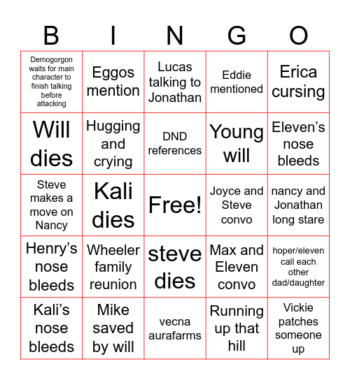 Stranger Things Finale Bingo Card