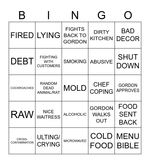 Kitchen Nightmares Bingo Card