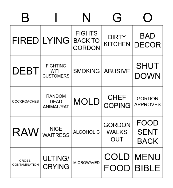 Kitchen Nightmares Bingo Card