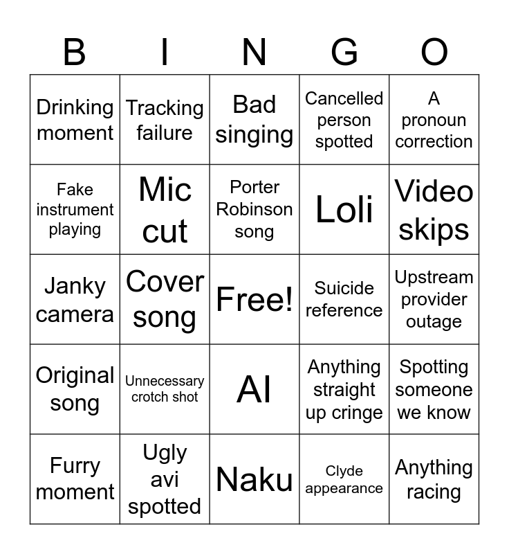 VRCNYE Stream Bingo Card