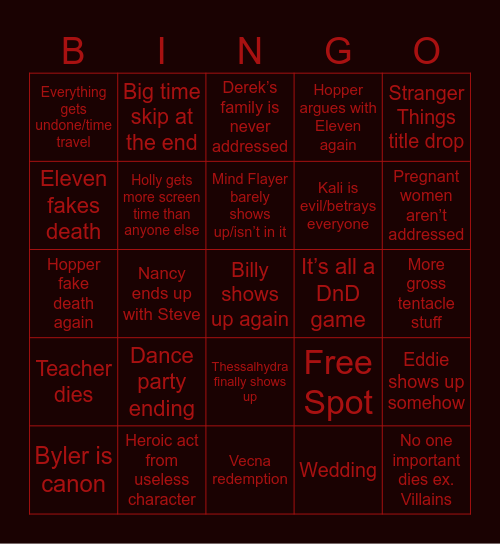 Stranger Things Finale Bingo Card