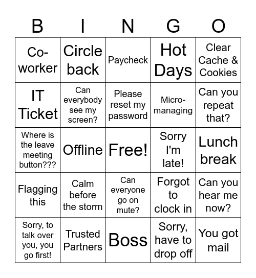 work work work work work! Bingo Card