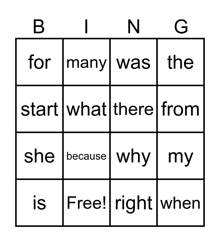 High Frequency Words Bingo Card