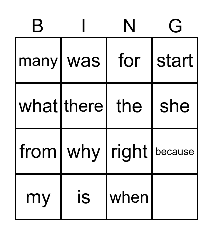 High Frequency Words Bingo Card