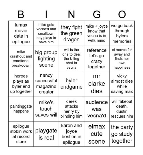 stranger things finale Bingo Card