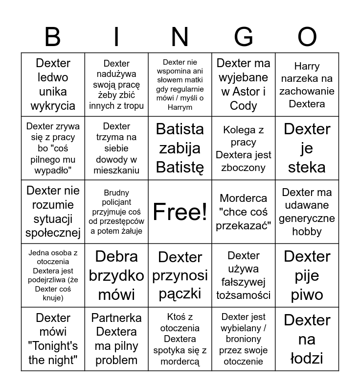 Dexter Bingo Card