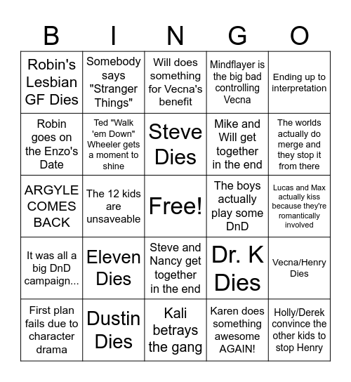 Stranger Things Final Episode Bingo Cards Bingo Card
