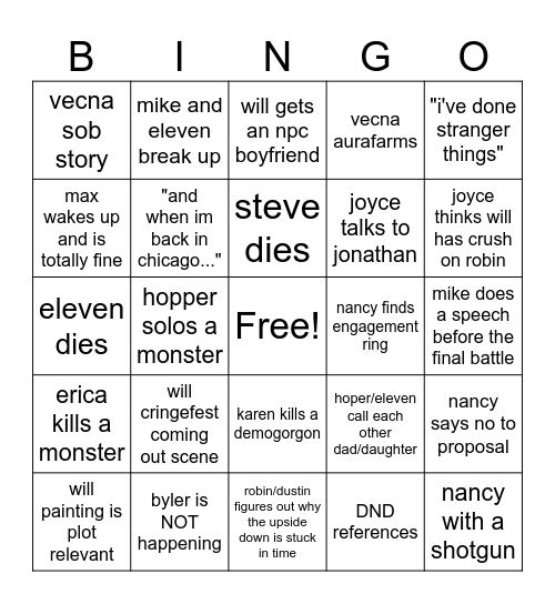 Stranger Things Finale Bingo Card