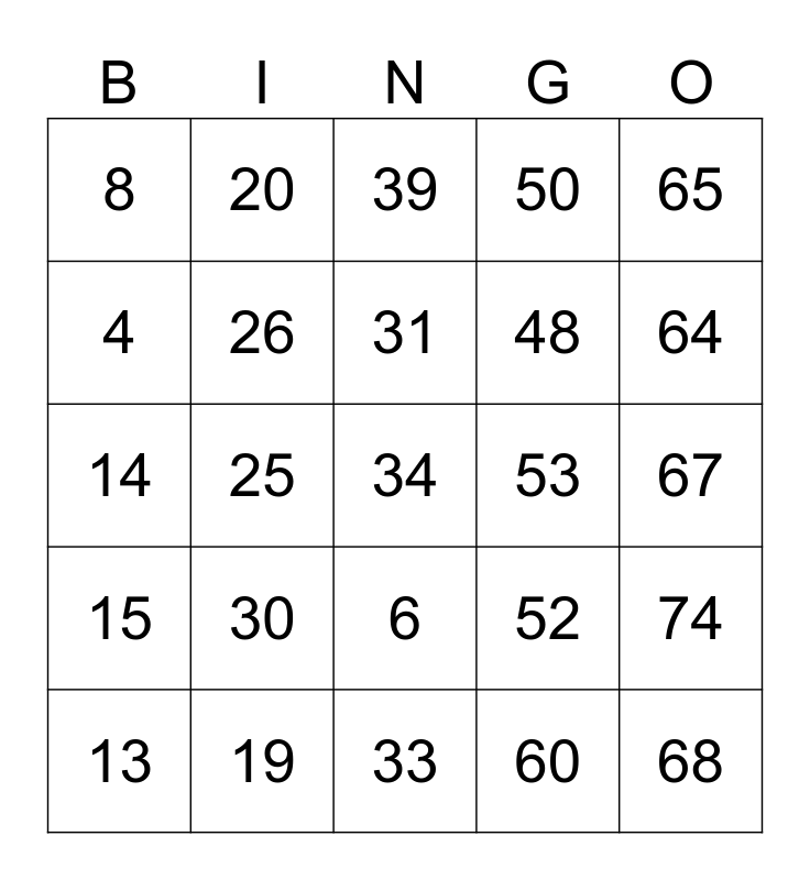 Number Bingo 1-75 Bingo Card
