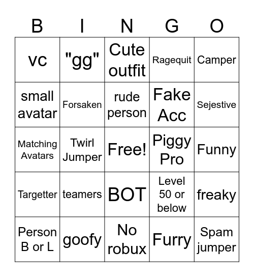 roblox Bingo Card