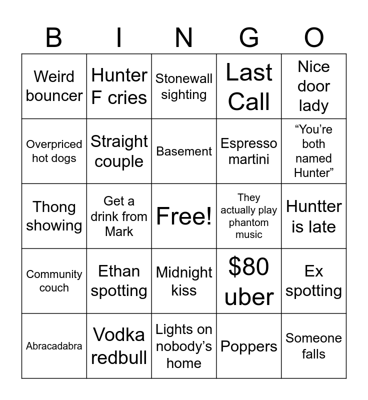 NYE Shots Bingo Card