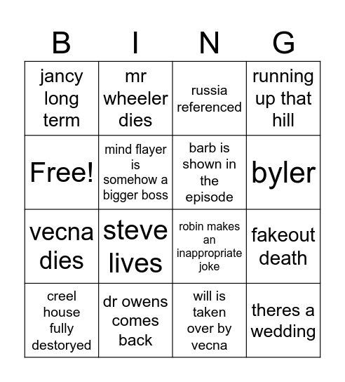 Stranger things bingo Card