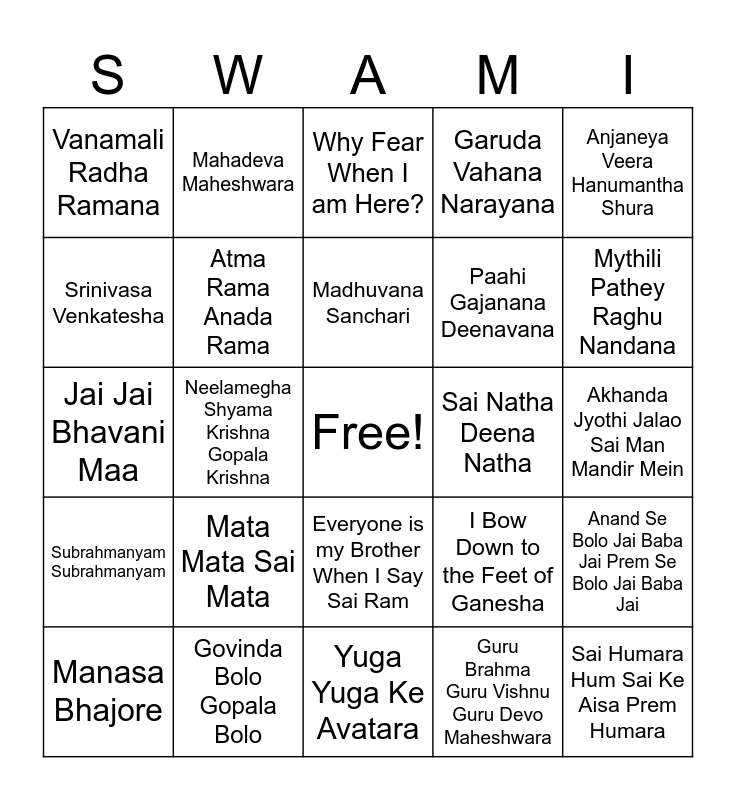 New Years Bhajan Game LWSC Bingo Card
