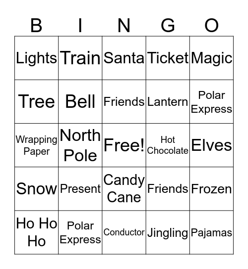 Polar Express Bingo Card