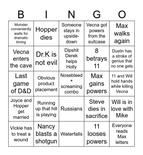 Stranger things finale Bingo Card