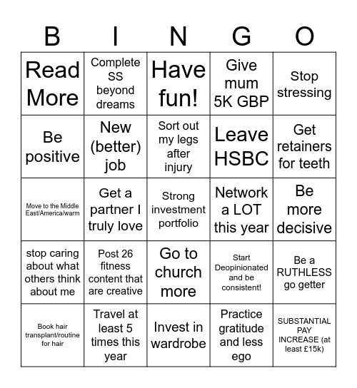 New Year's Resolution BINGO Card