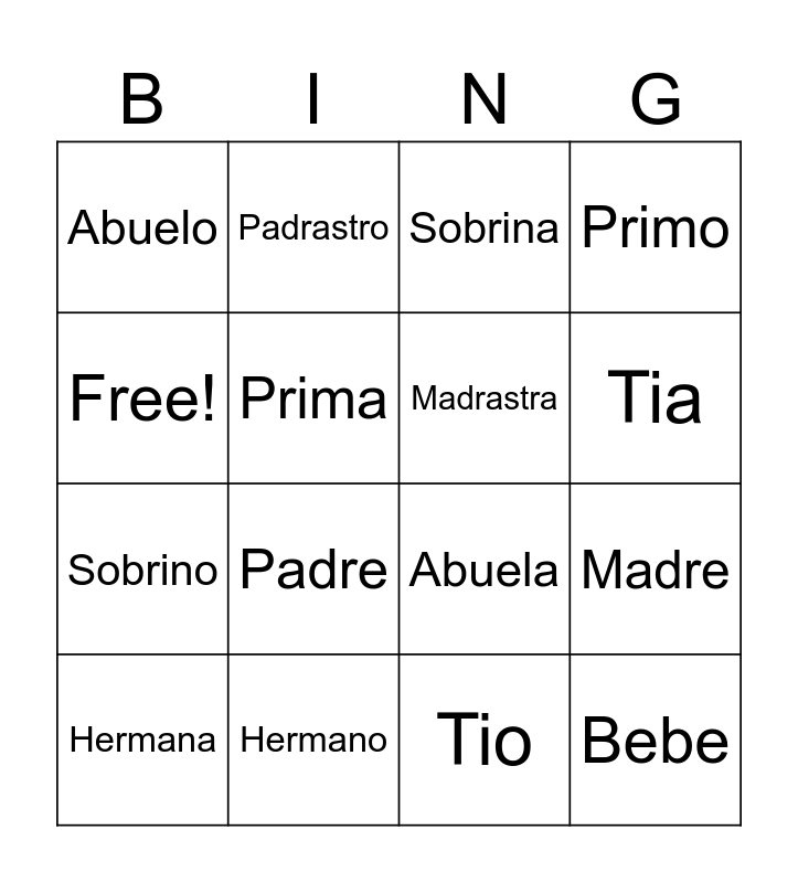 Family Members BINGO Card