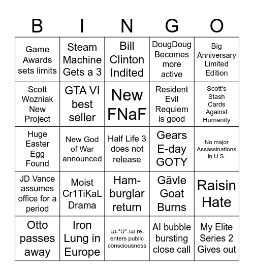 2026 Predictions Bingo Card