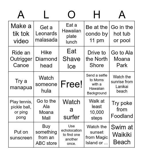 Koa + Moses Take On Hawaii Bingo Card
