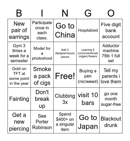 New Years Resolutions 2026 Bingo Card
