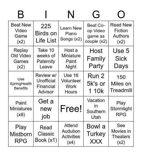 Sam's 2026 New Year Bingo Card