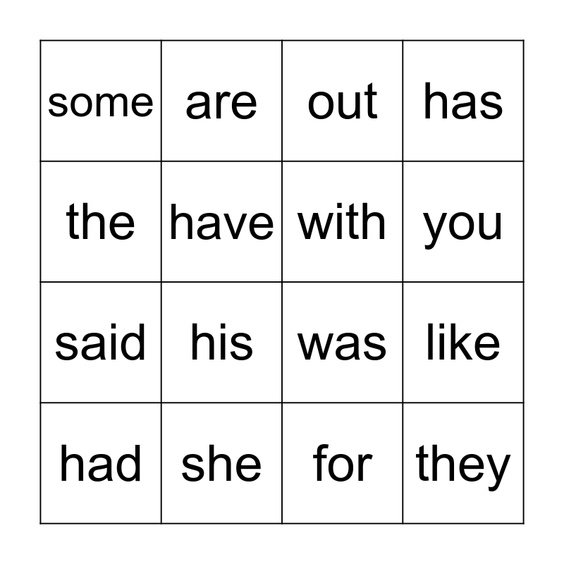 Heart Word Bingo Card