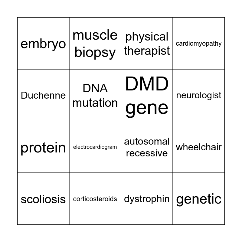 Muscular Dystrophy Bingo Card
