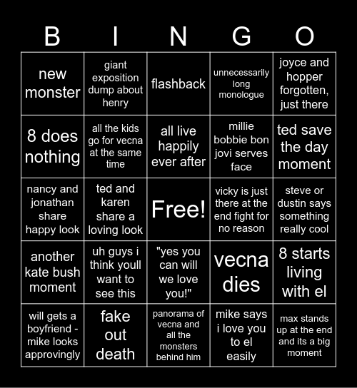 STRANGER THINGS LAST EPISODE BINGO Card