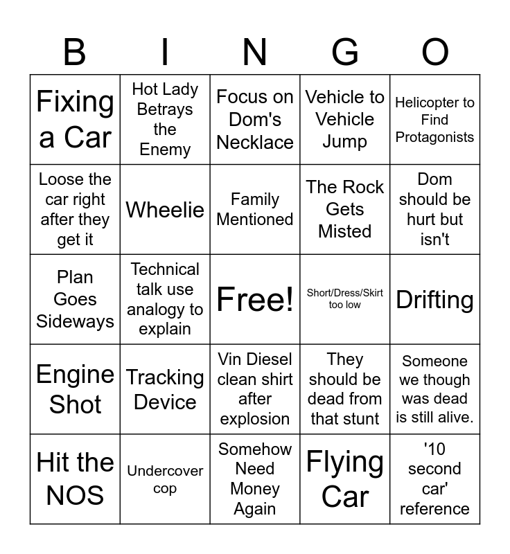 Fast & Furious Bingo Card