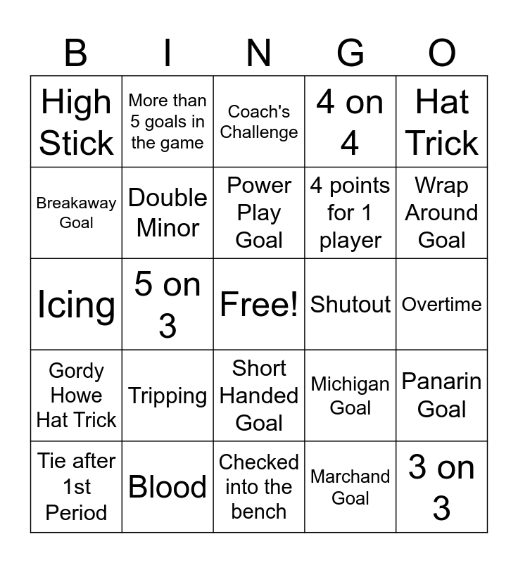 Hockey Game Bingo Card