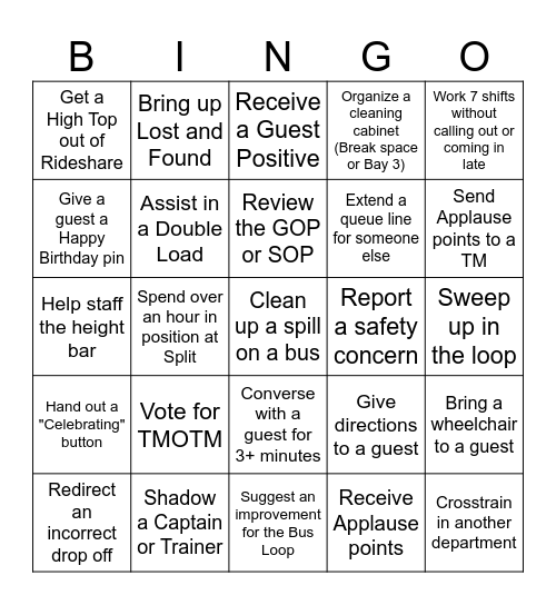Resort Transit BINGO Card