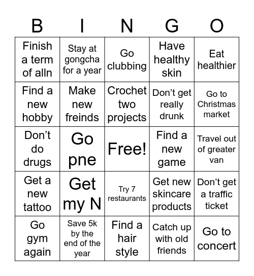 New years Bingo Card