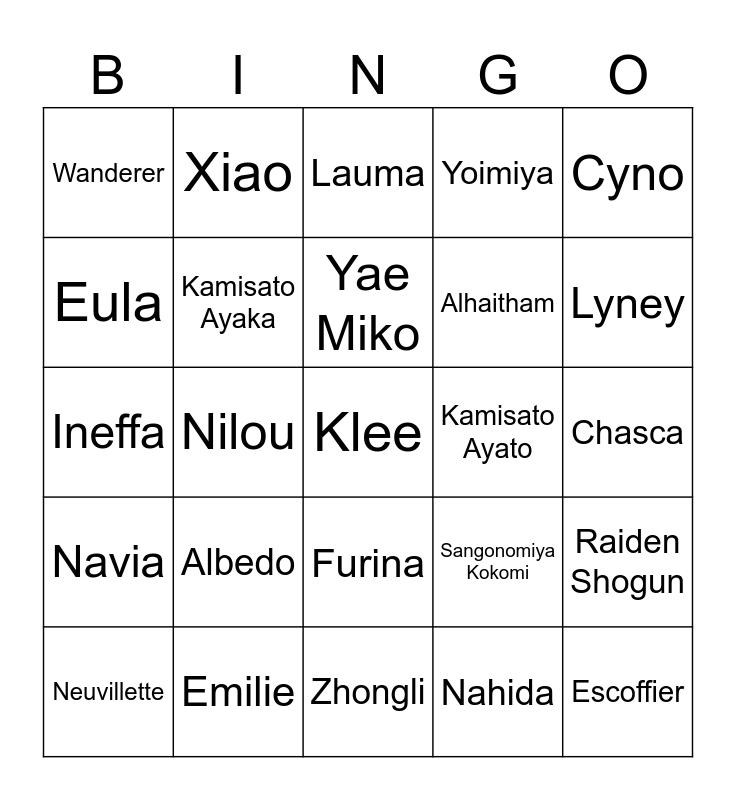 Genshin Limited 5-Stars (6.2) Bingo Card